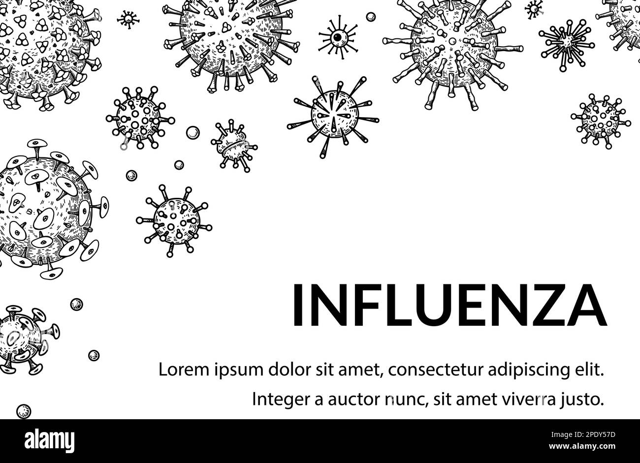 Virus horizontal background in sketch style. Hand drawn bacteria, germ ...