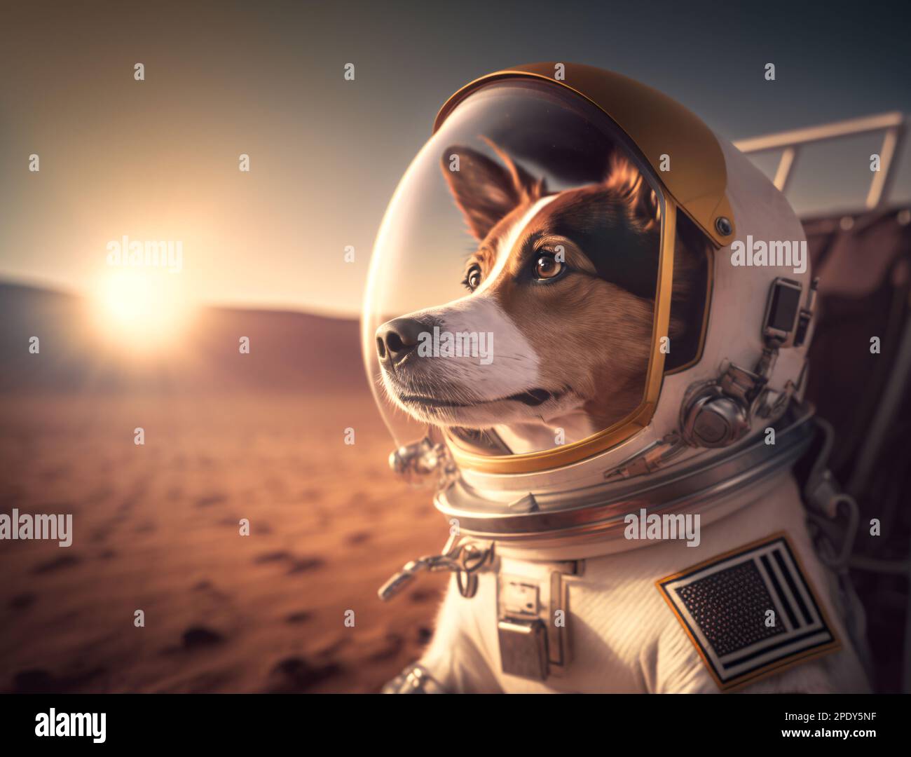 An astronaut's dog in an arid environment watching the horizon Stock ...