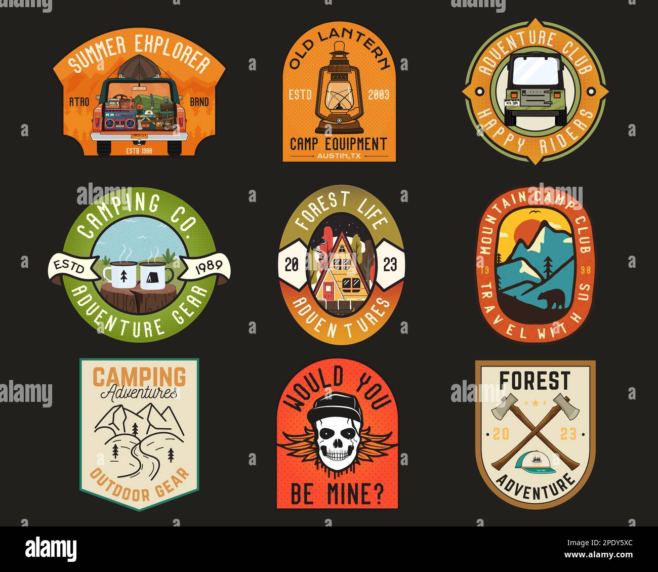 Camping Adventures badges set designs with mountains, camper car ...