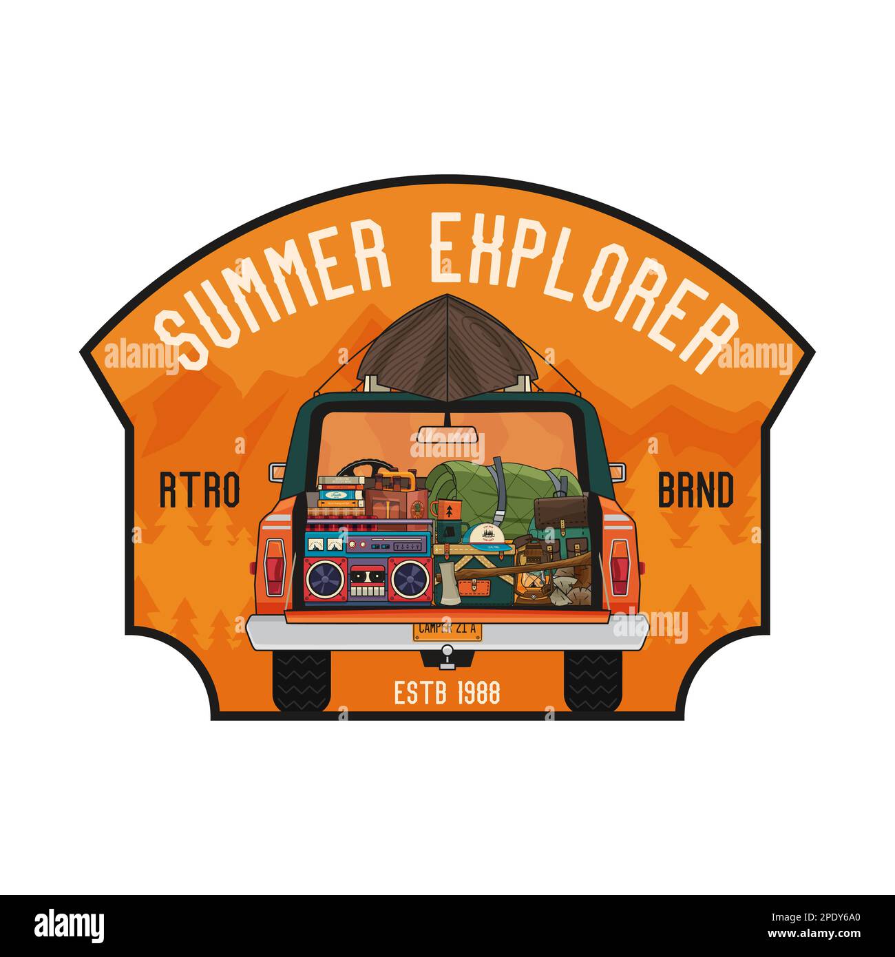 Summer explorer badge design with camper car. Camp adventure emblem ...