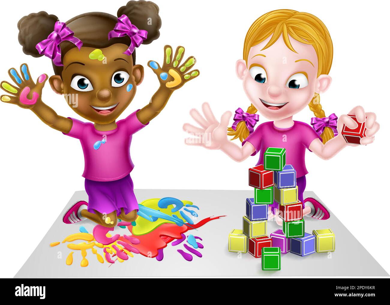 Cartoon Girls Playing with Paint and Blocks Stock Vector Image & Art ...