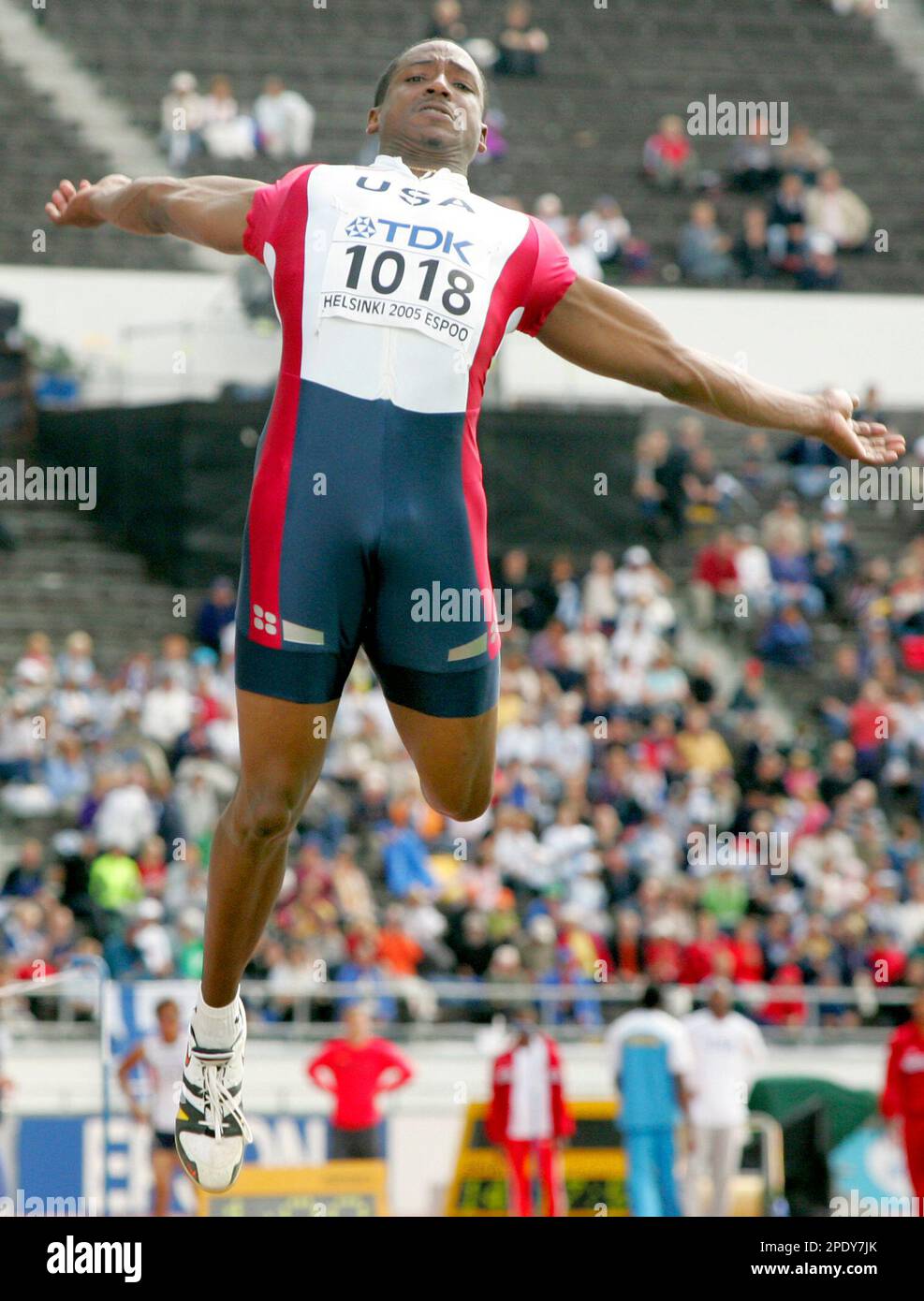 Miguel Pate of the United States competes in Men's long jump qualifying ...