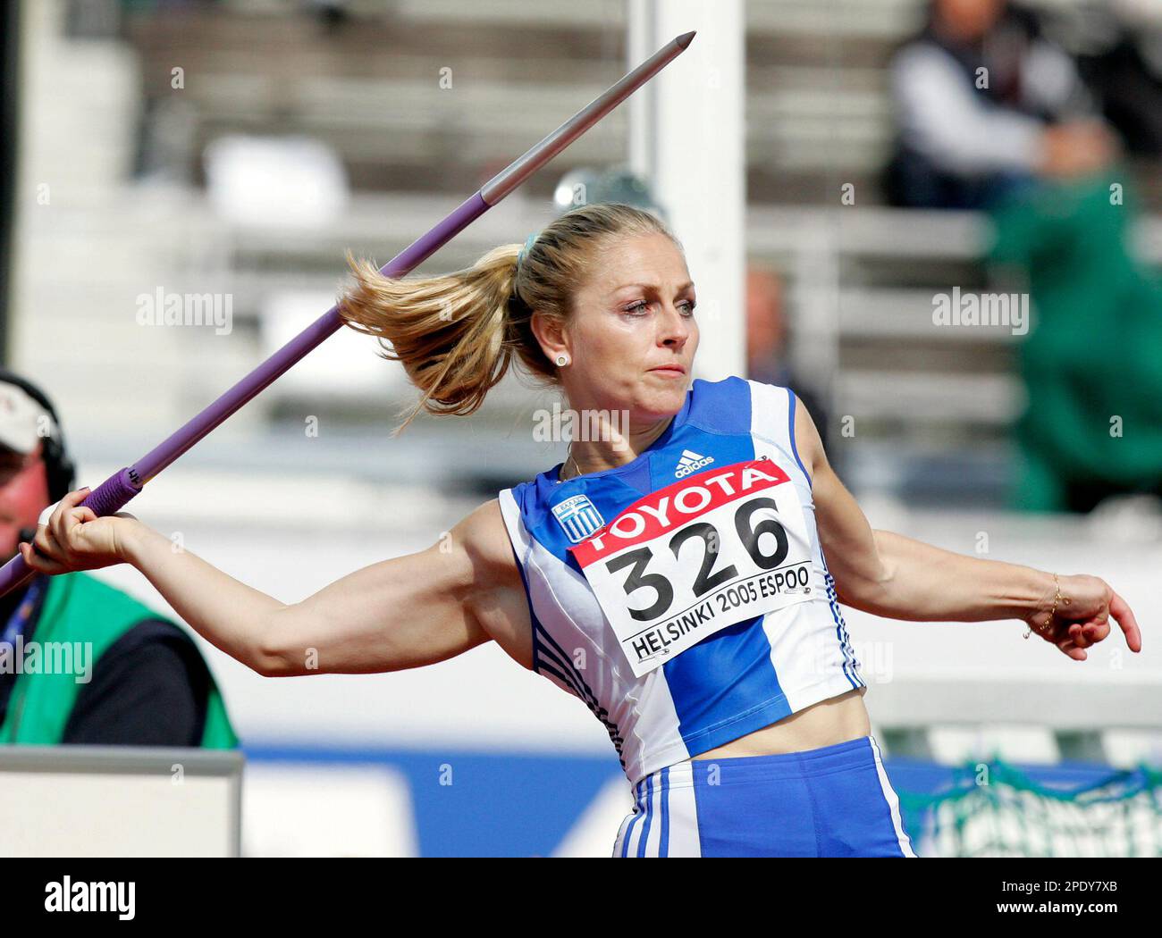 Mirela Manjani of Greece competes in Women's javelin qualifying at the ...