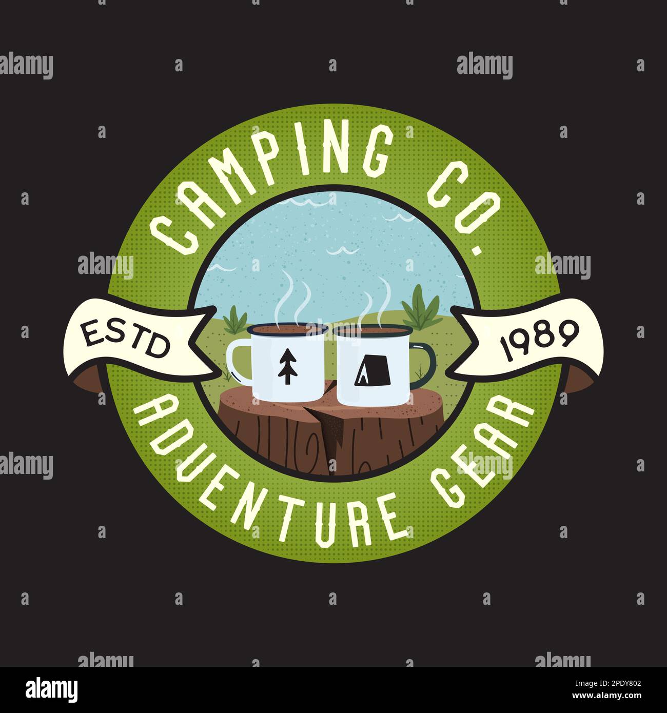 Camping logo badge vector design with coffee enamel mugs and lake. Camp ...
