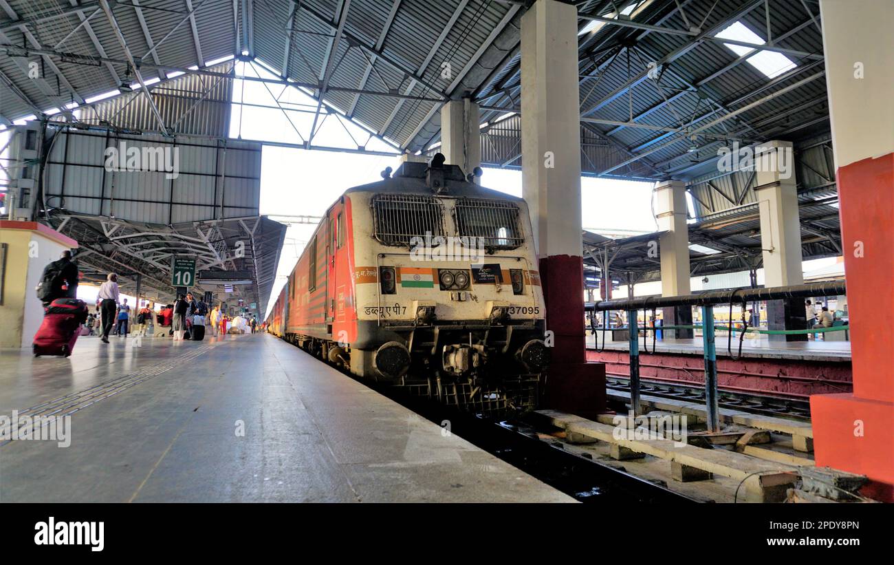 Chennai,Tamilnadu,India-December 29 2022: View of engine of trains stationed at Chennai Central ...