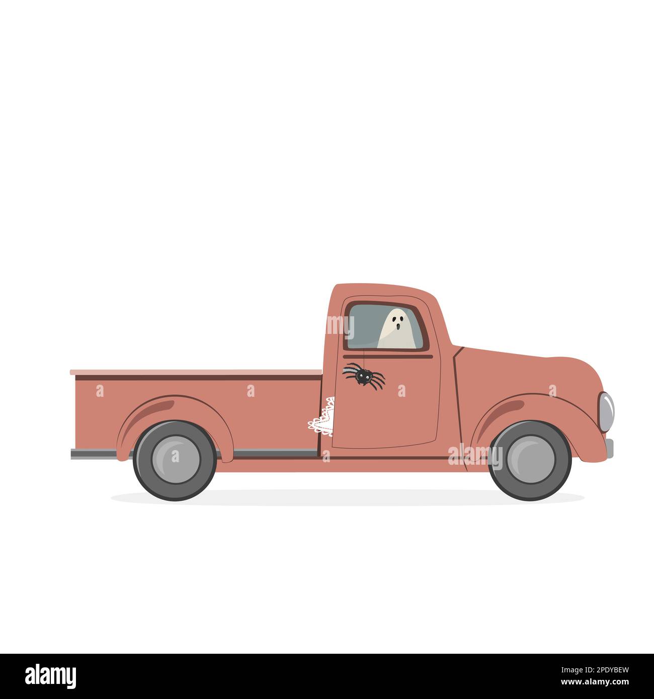 Red vintage pick-up car with a ghost driver. Funny trick or treat ...