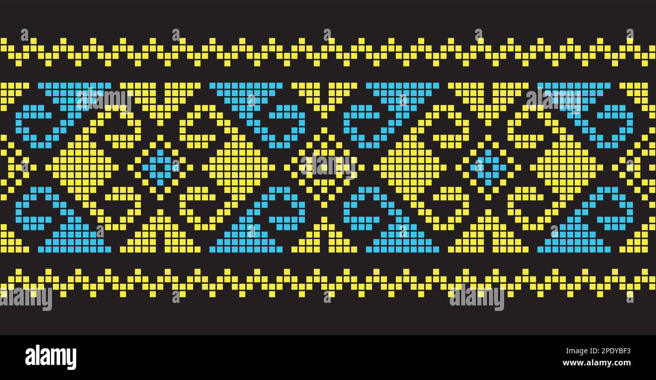 Ukrainian mosaic, pixel art pattern. Tile ornament in yellow and blue ...