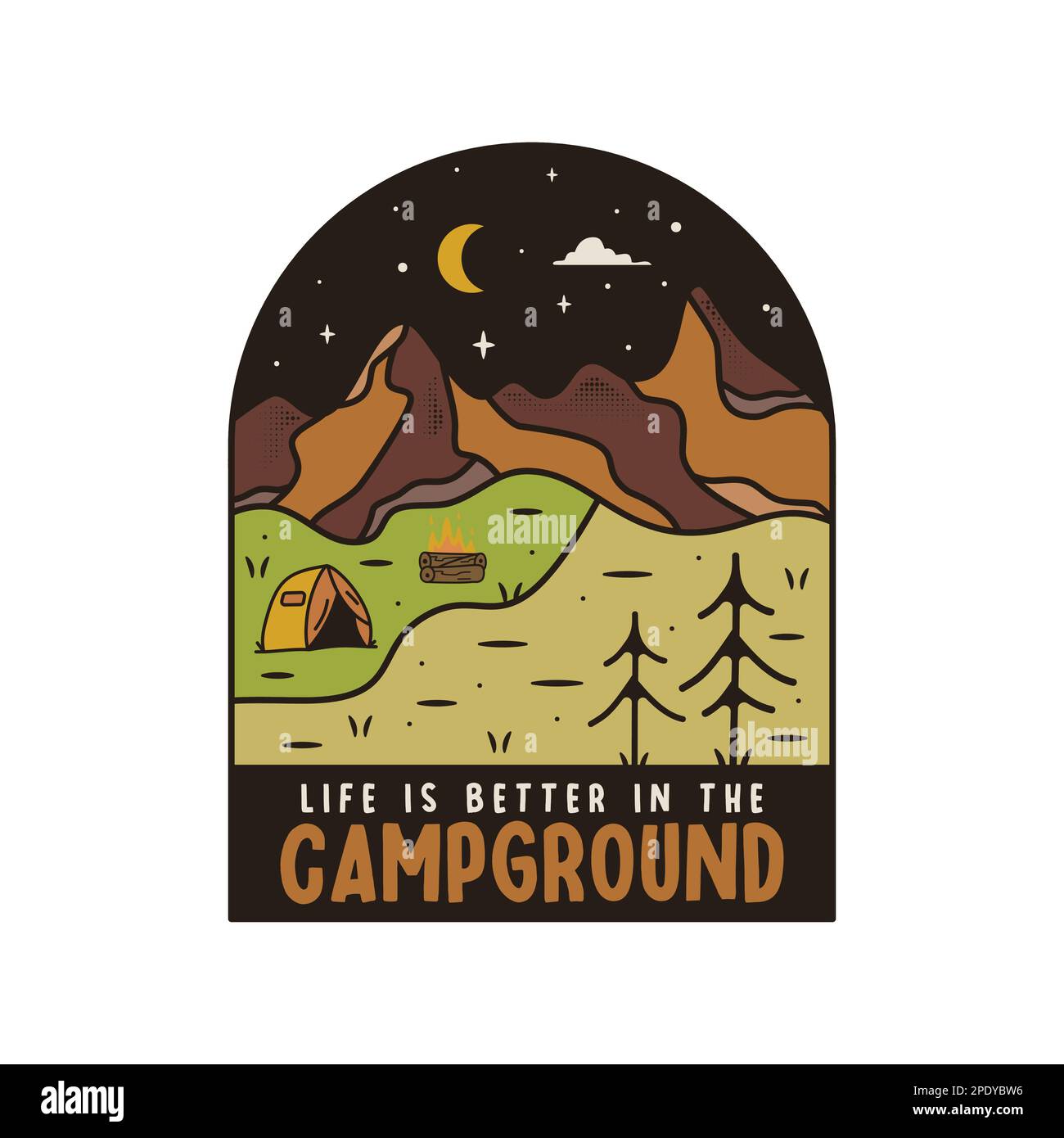 Camping adventure logo badge vector design with campground landscape ...