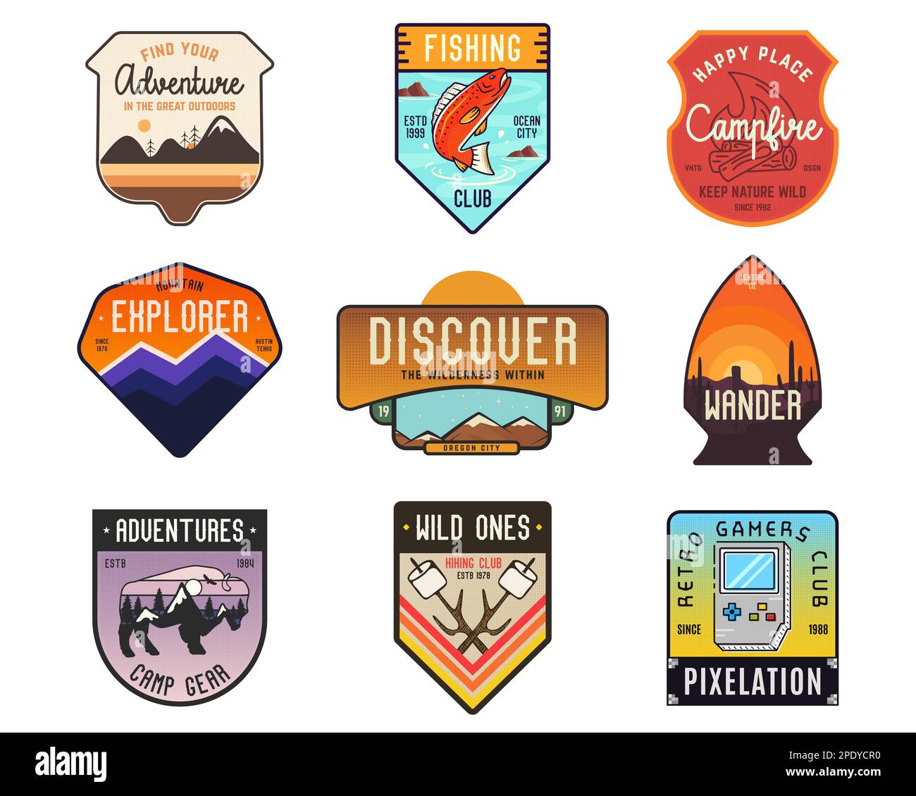 Collection of vintage camping badges featuring various wilderness ...