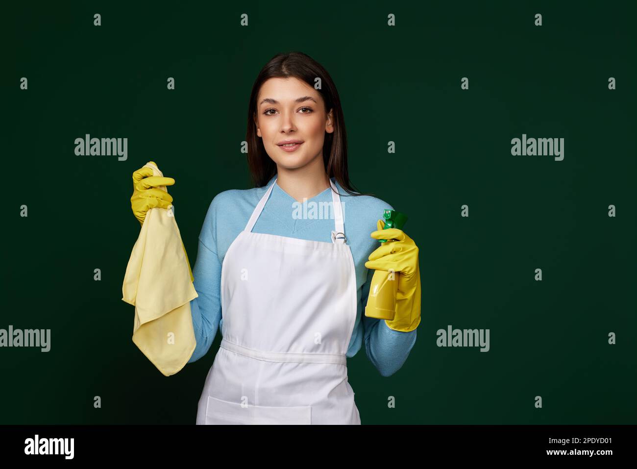 woman in cleaner apron wieaning rag and detergent sprayer Stock Photo ...