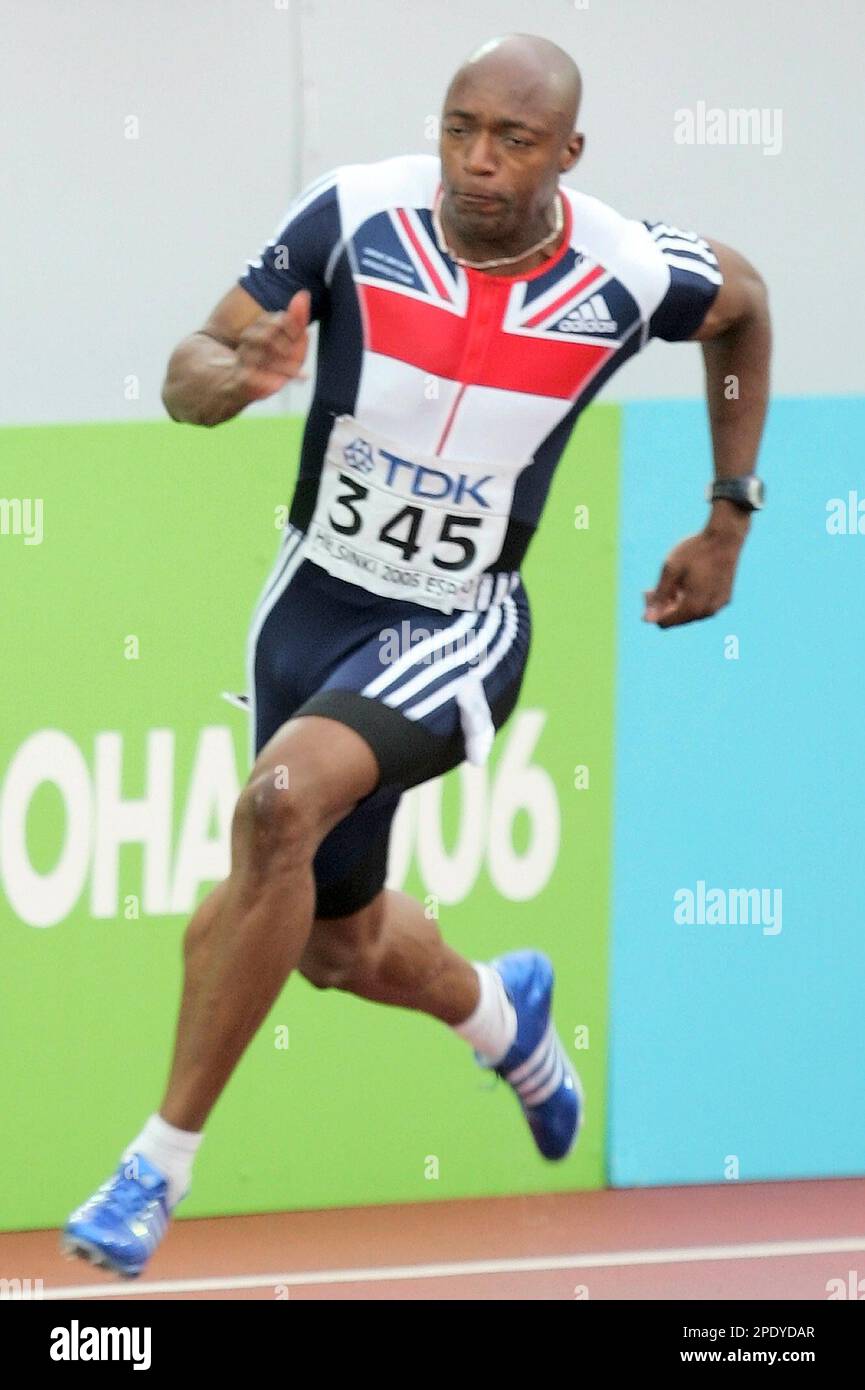Marlon Devonish of Britain races on his way to taking the third place ...