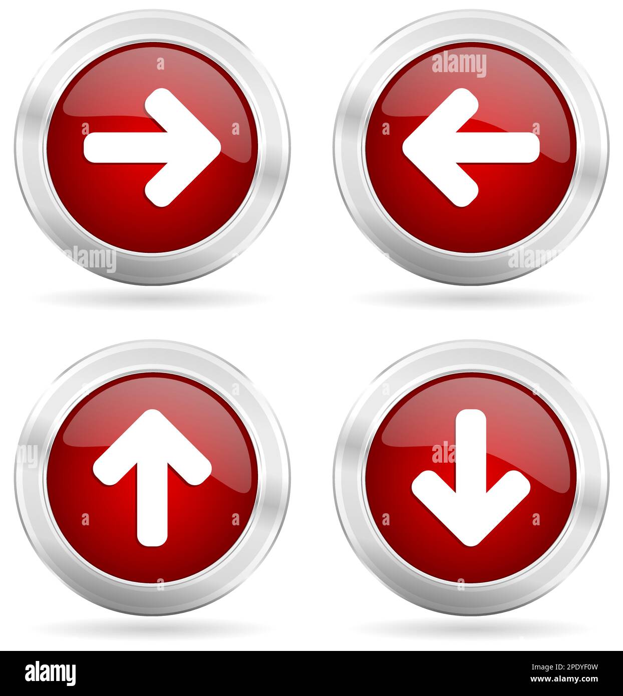 Arrows vector icons, set of right, left, up and down arrow silver metallic buttons isolated on ...