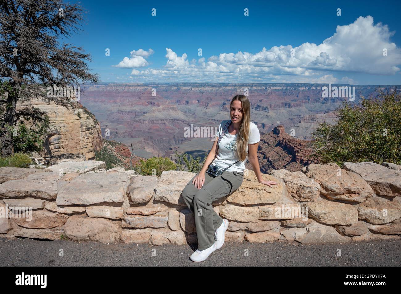 Portrait of a young girl sitting on the low wall of the viewpoint of ...