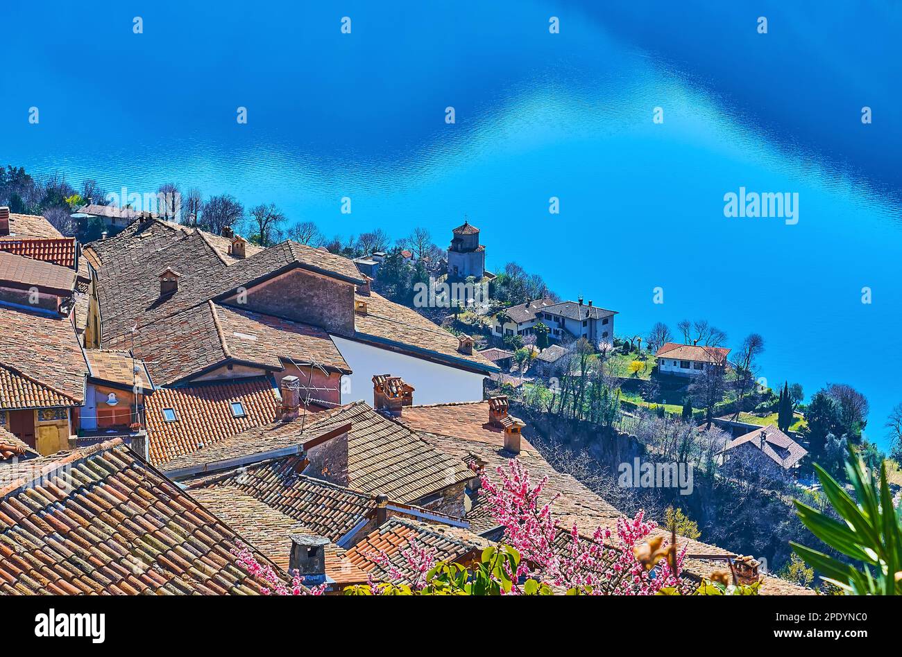 The small Alpine settlement of Castello with old tile roofs, green ...