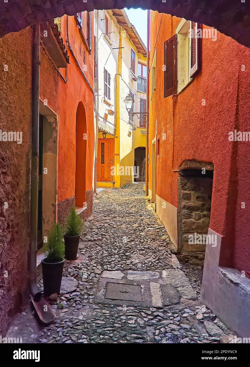 The narrow shady street, lined with medieval townhouses of Castello ...