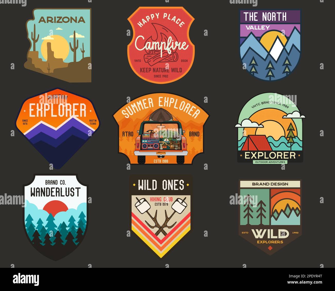 Set of vintage camping badges featuring various wilderness-themed ...