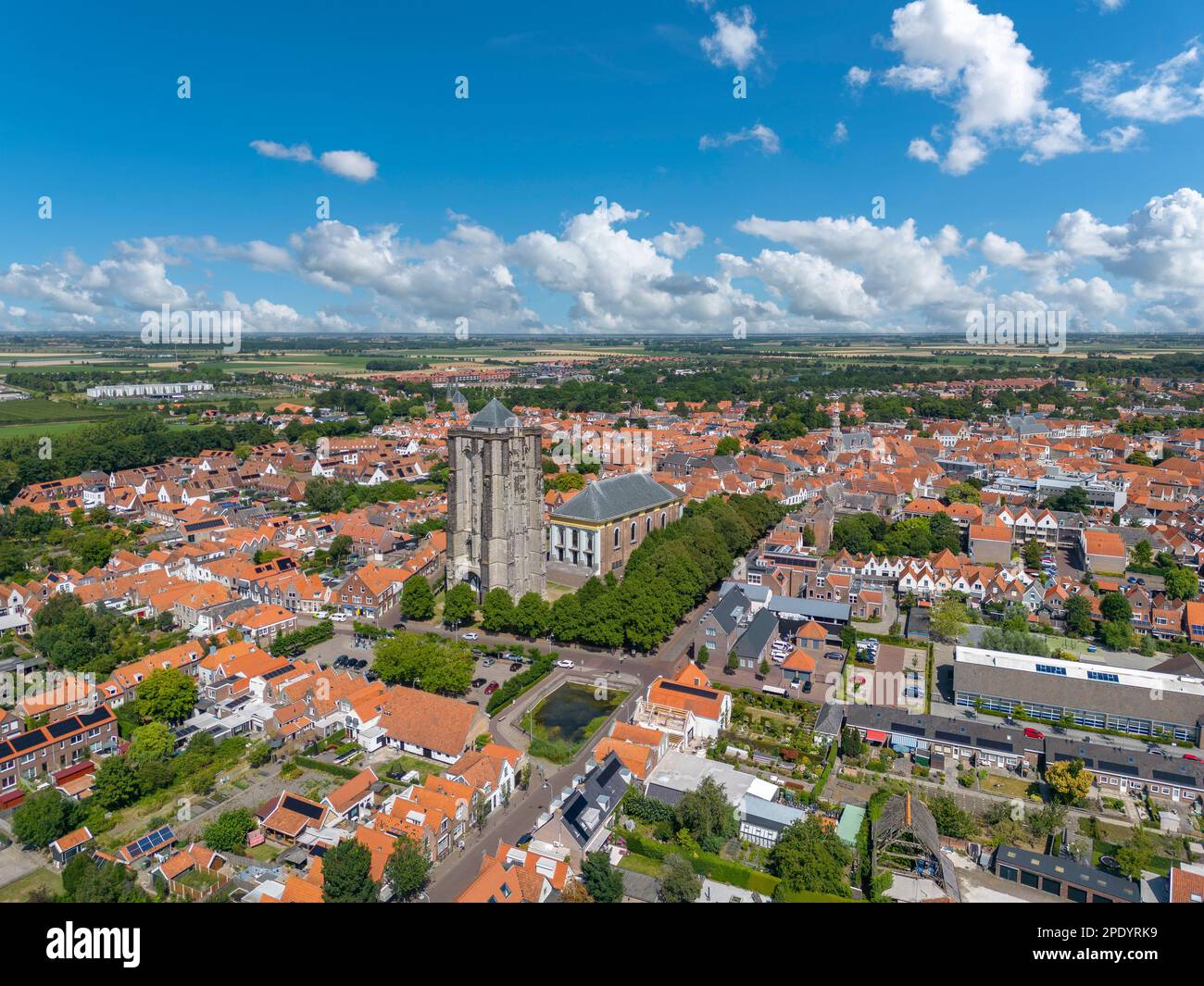 Aerial view overlooking the city and the Sint Lievensmonstertoren ...