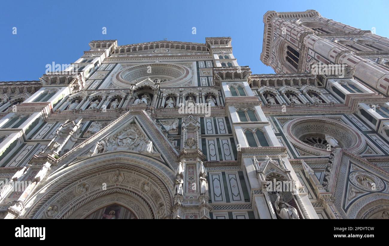 Florence, Italy, seen from below. Details of the cathedral and Giotto's ...