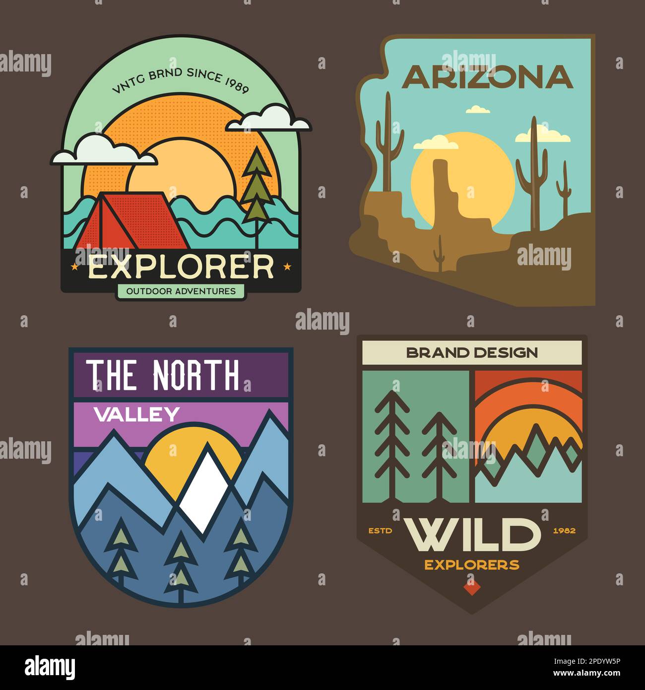 Set of retro camping badges featuring various wilderness-themed designs ...