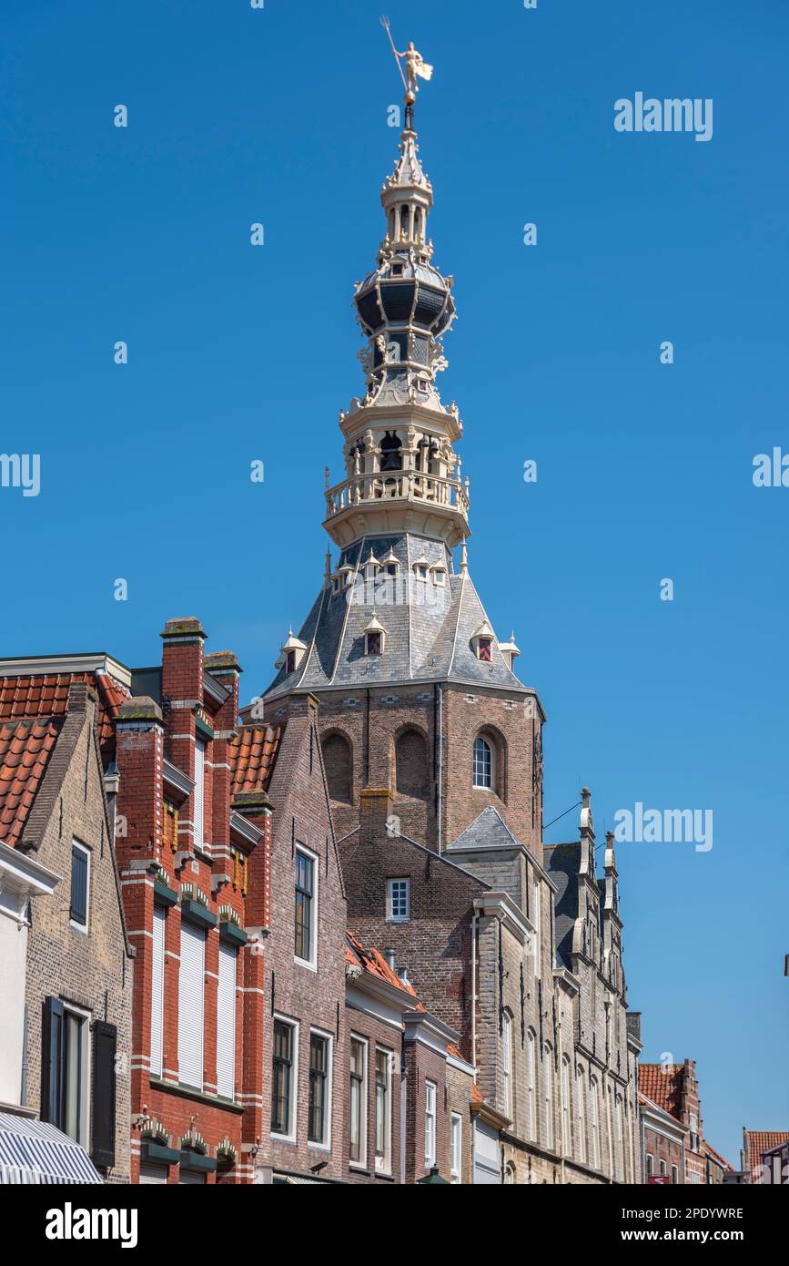 Town Hall and historic house facades in Meelstraat, Zierikzee, Zeeland ...