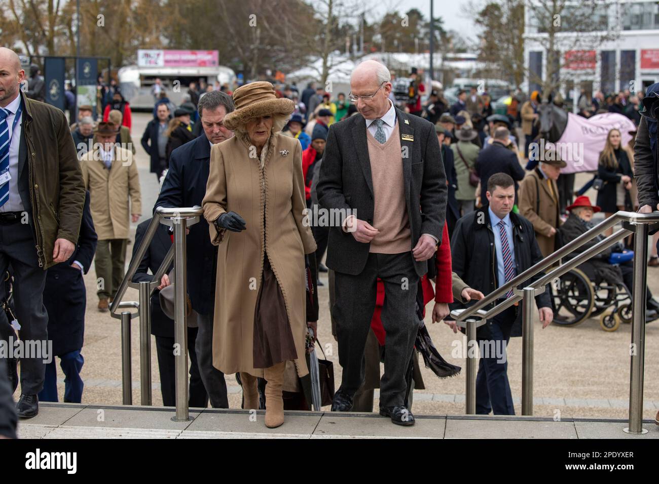 The Queen Consort, with Ian Renton, as she arrives at the Cheltenham ...