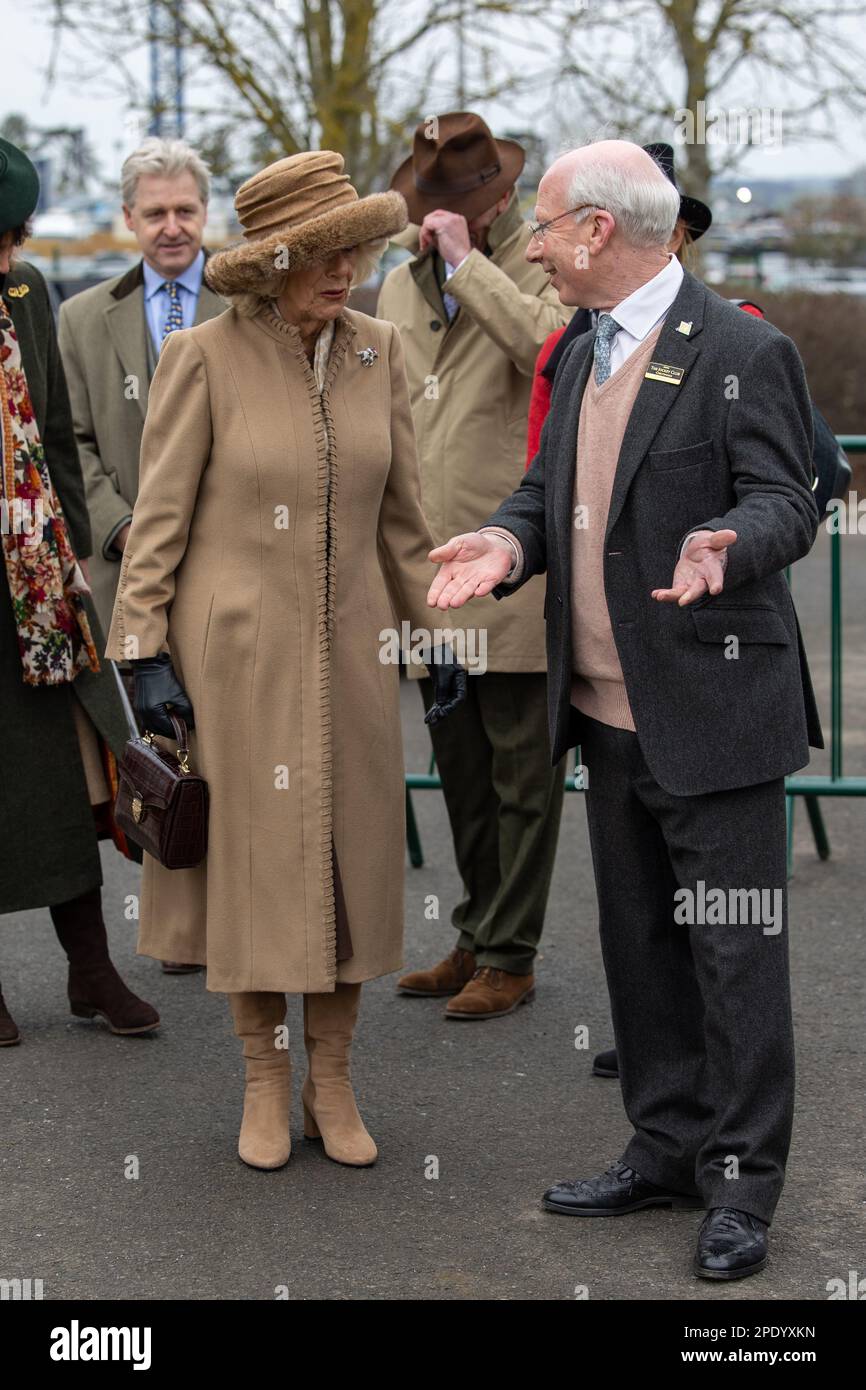 The Queen Consort, with Ian Renton, as she arrives at the Cheltenham ...
