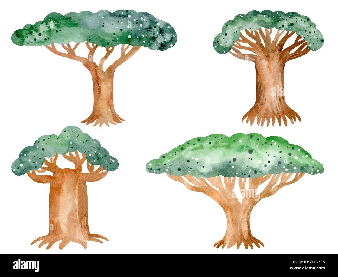 African nature. Set of watercolor elements of trees, stones, plants ...
