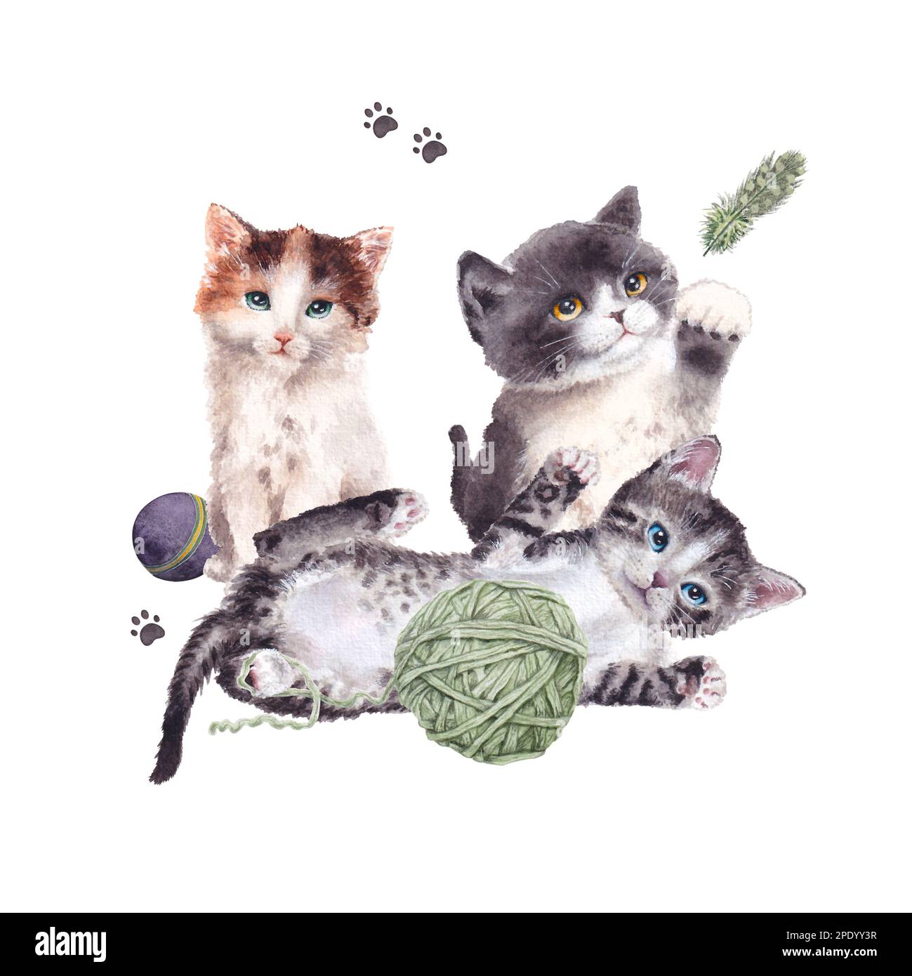Three cute playing kittens with a ball of wool, a little ball and a ...
