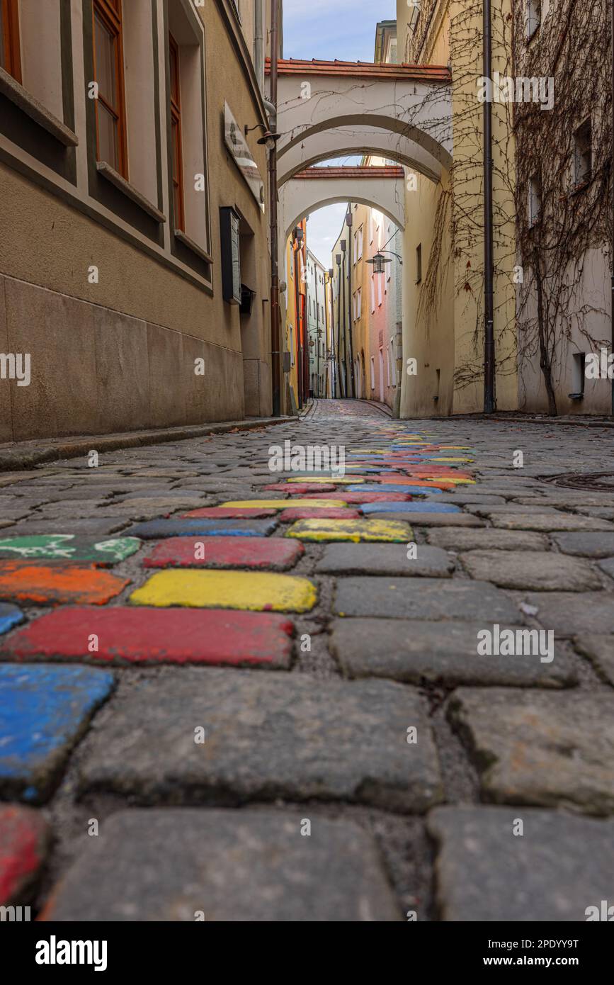 The Hoellgasse, a narrow street in the old town of Passau, Bavaria ...