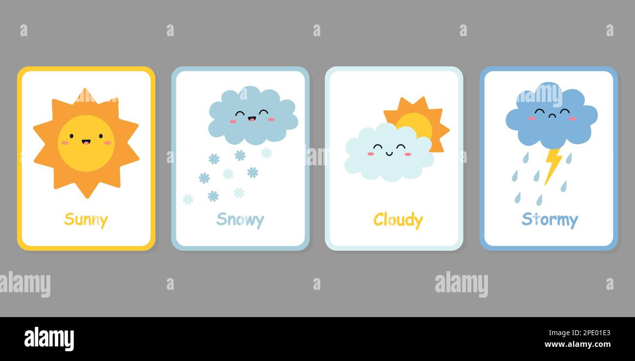Set of cards with weather elements. Cute cartoon sun and clouds ...