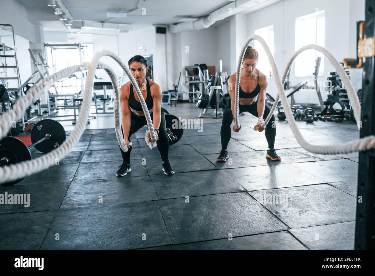 Young people with sportive body shapes doing crossfit by using knots ...