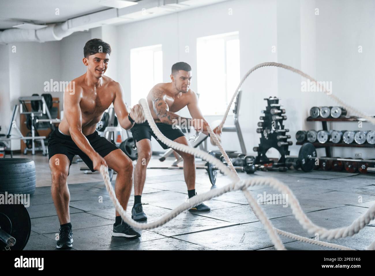 Young people with sportive body shapes doing crossfit by using knots ...