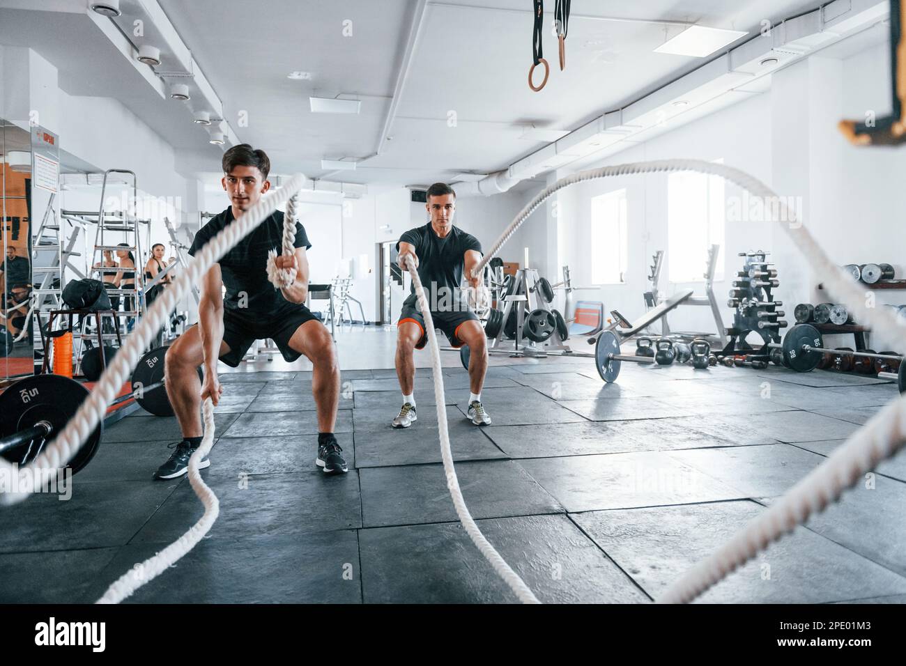 Young people with sportive body shapes doing crossfit by using knots ...