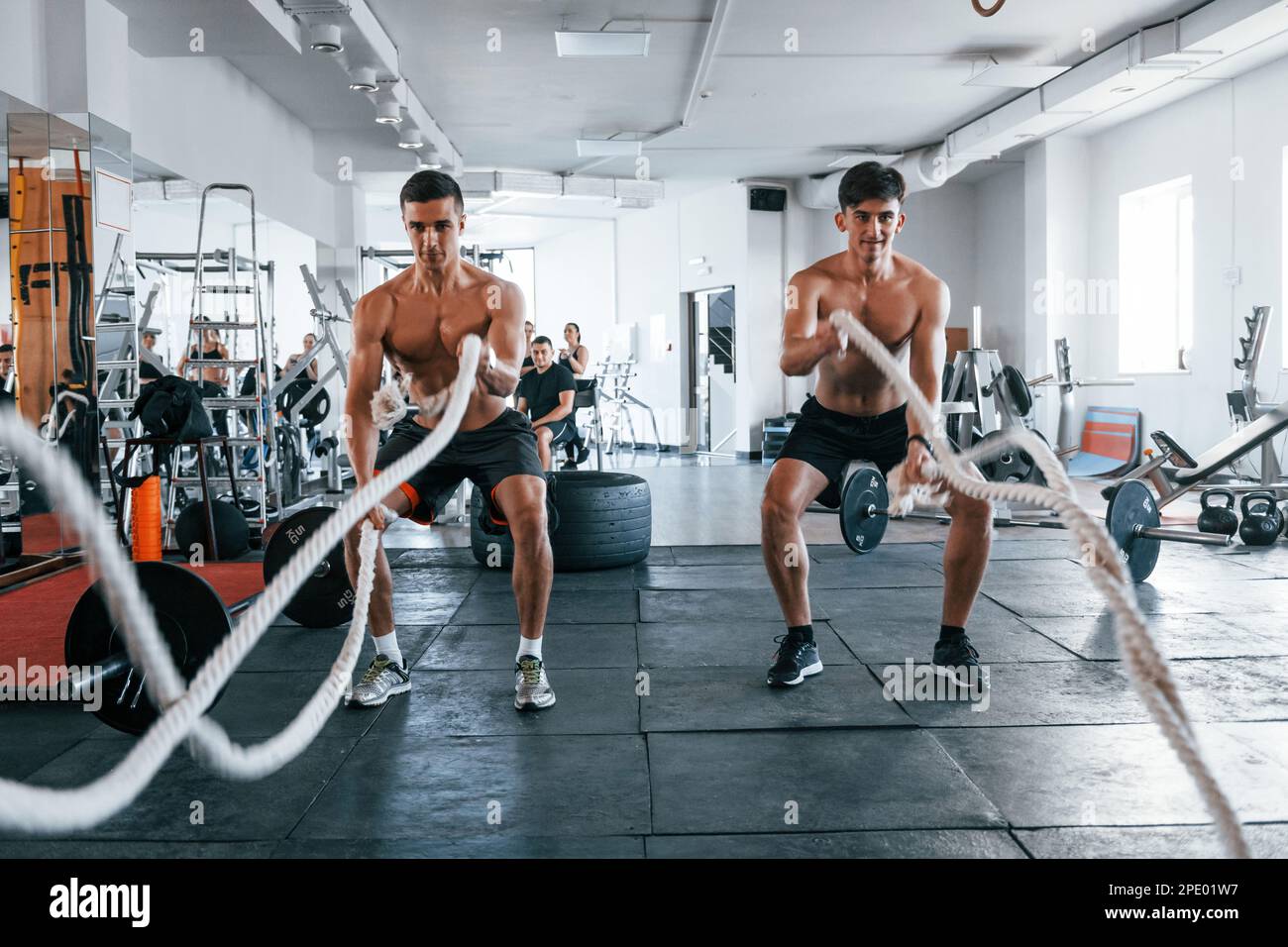 Young people with sportive body shapes doing crossfit by using knots ...