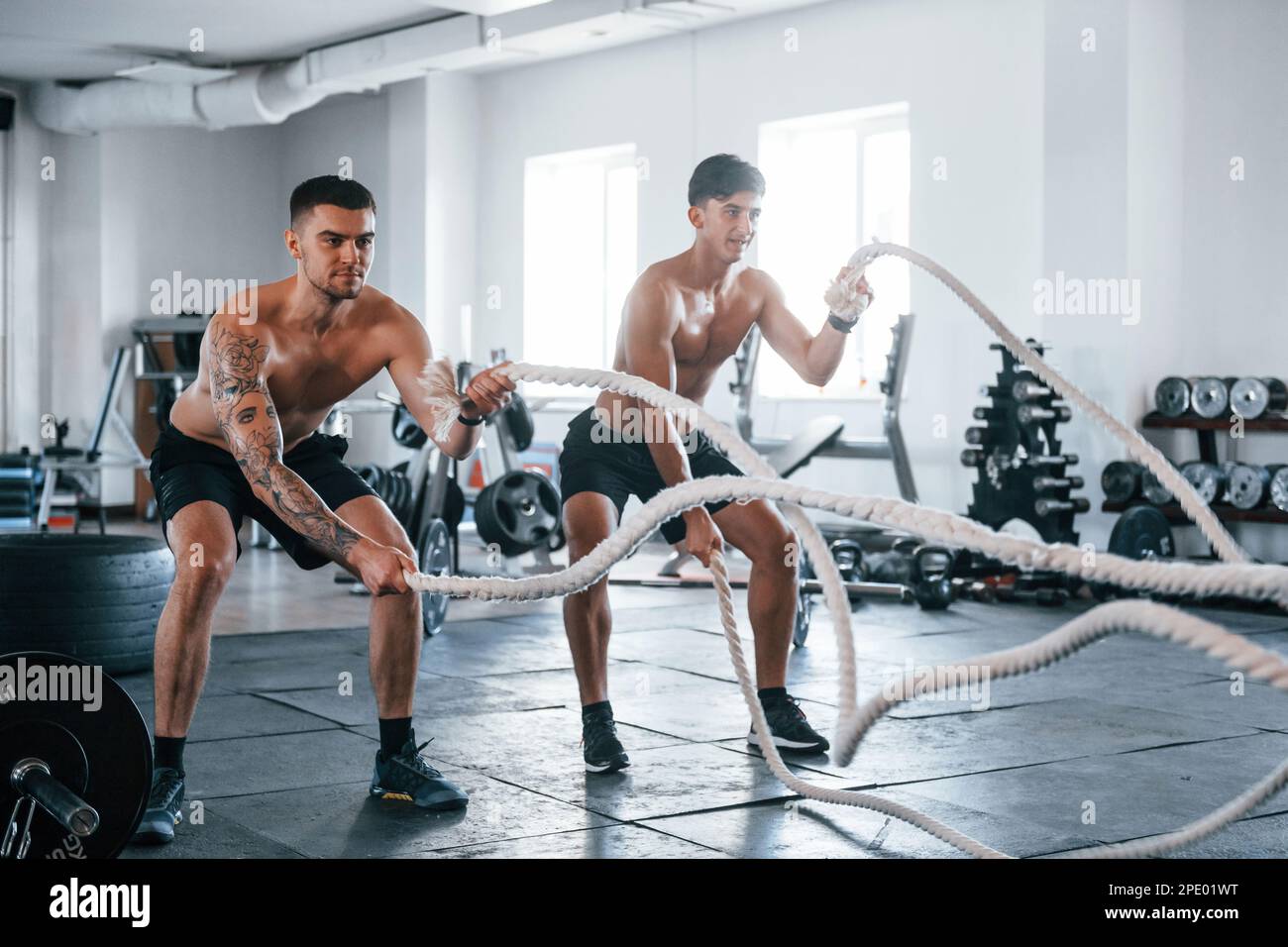 Young people with sportive body shapes doing crossfit by using knots ...