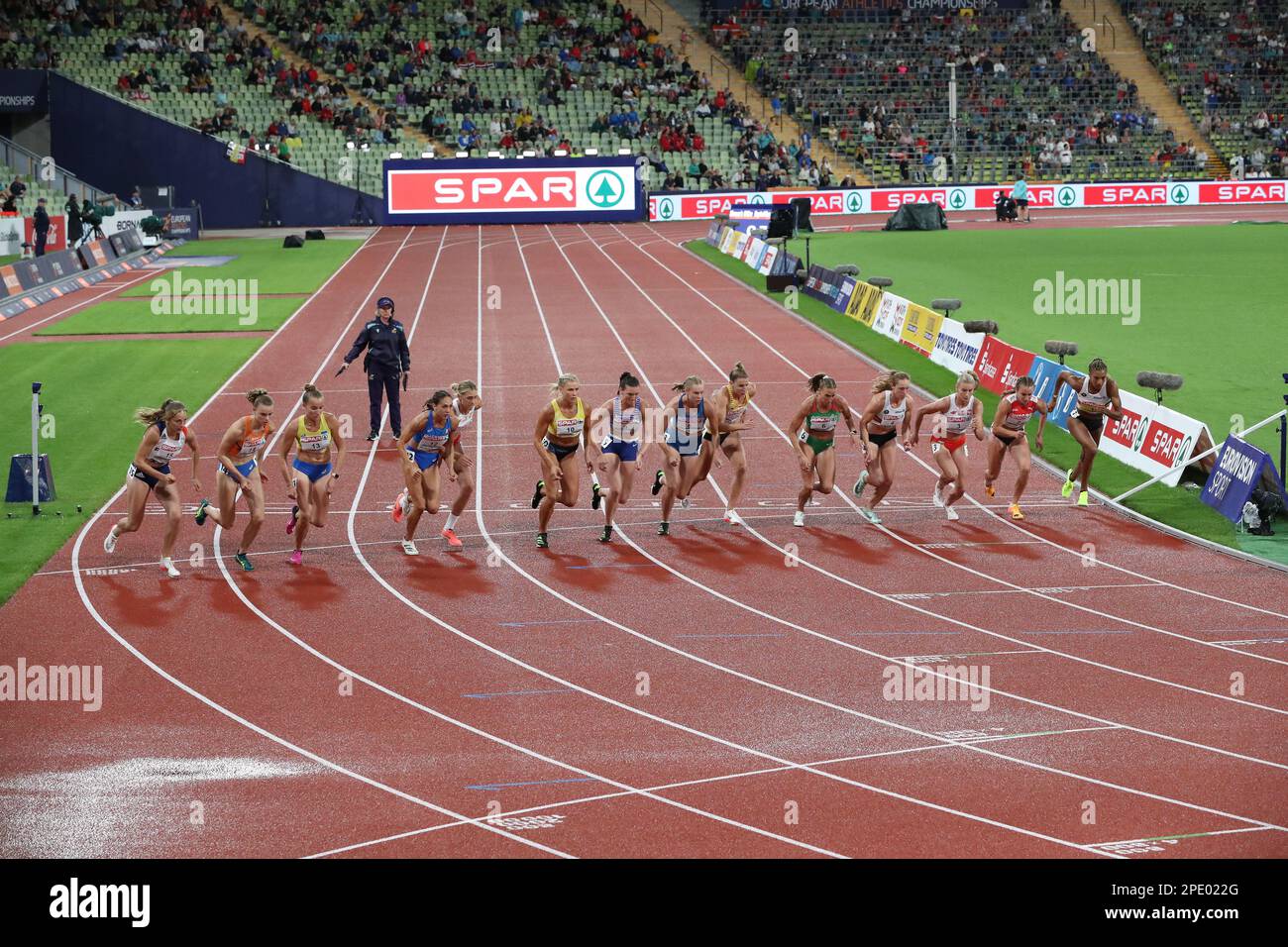 Heptathletes at the start of the 800m at the European Athletics ...