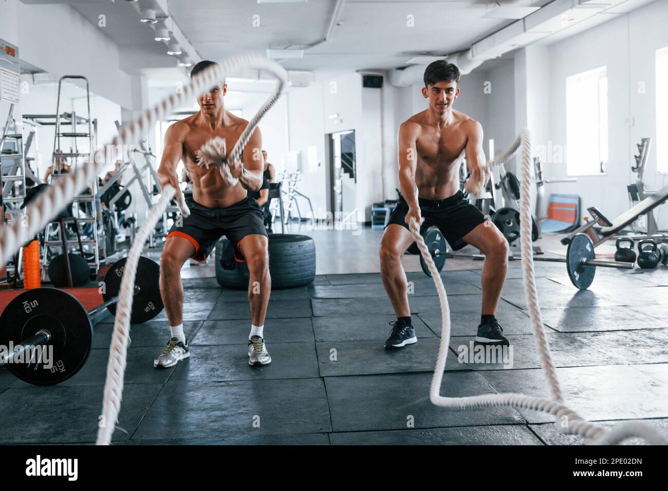 Young people with sportive body shapes doing crossfit by using knots ...