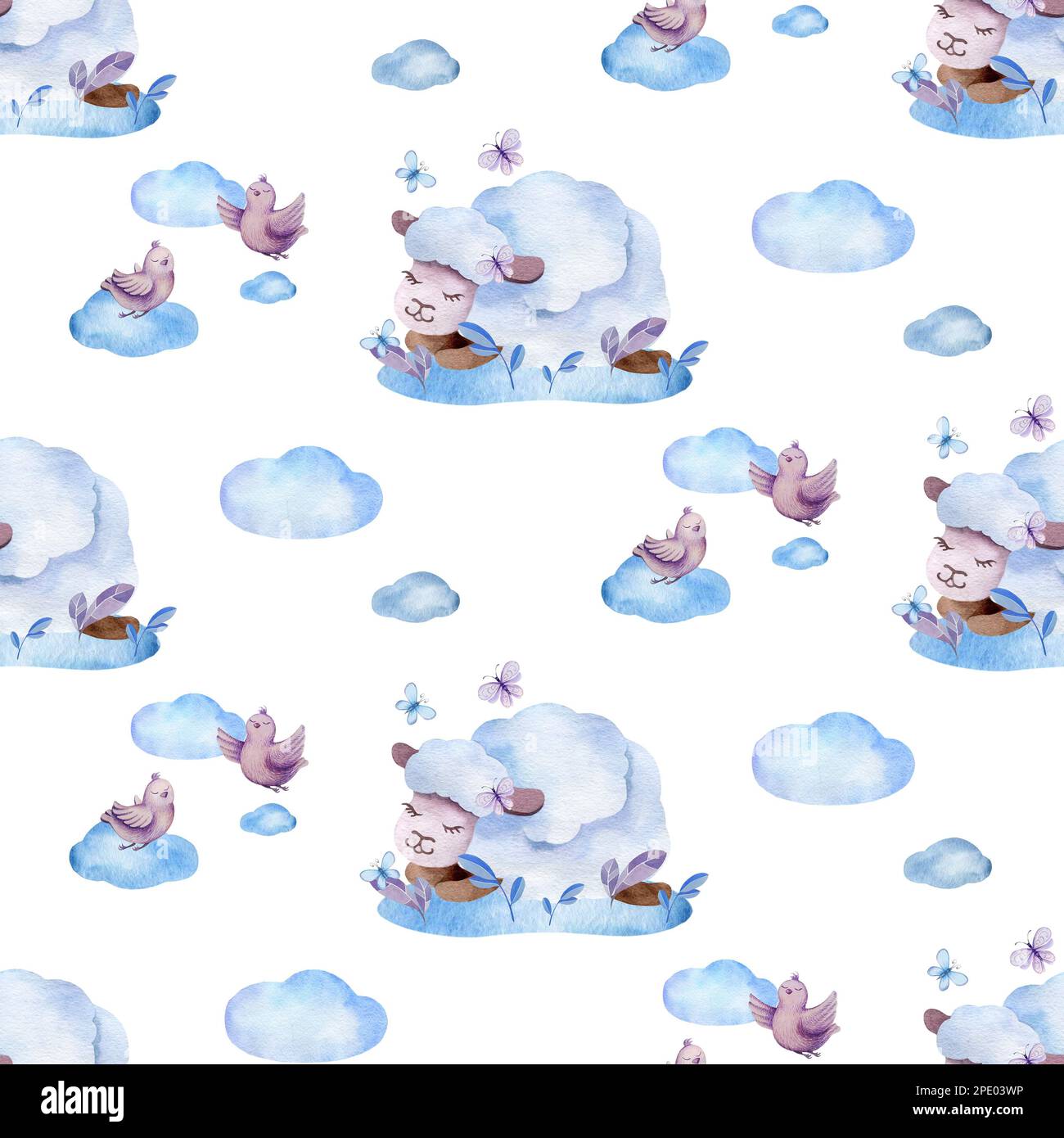 Seamless pattern pets cute lambs in a hot air balloon. Watercolor ...
