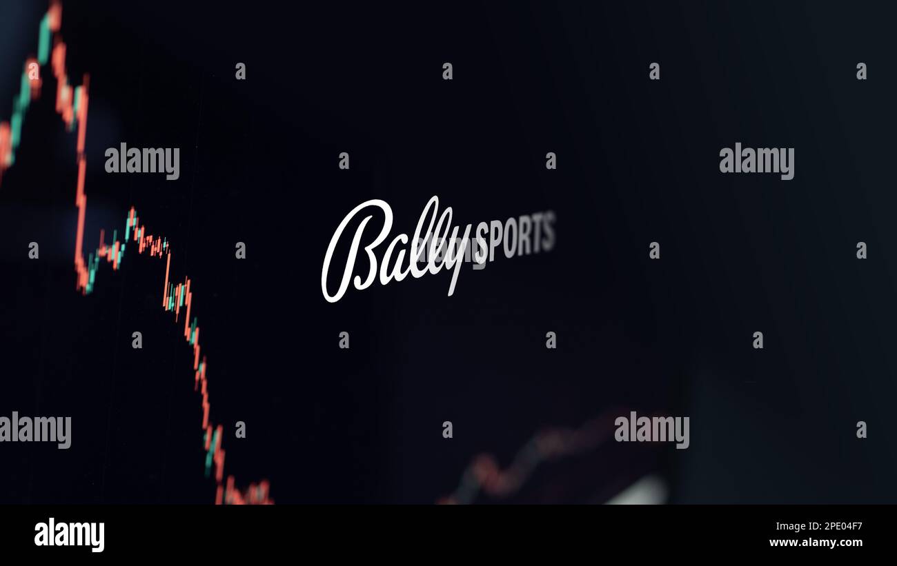 March 14th 2023. Bally Sports logo with a stocks diagram on a screen ...