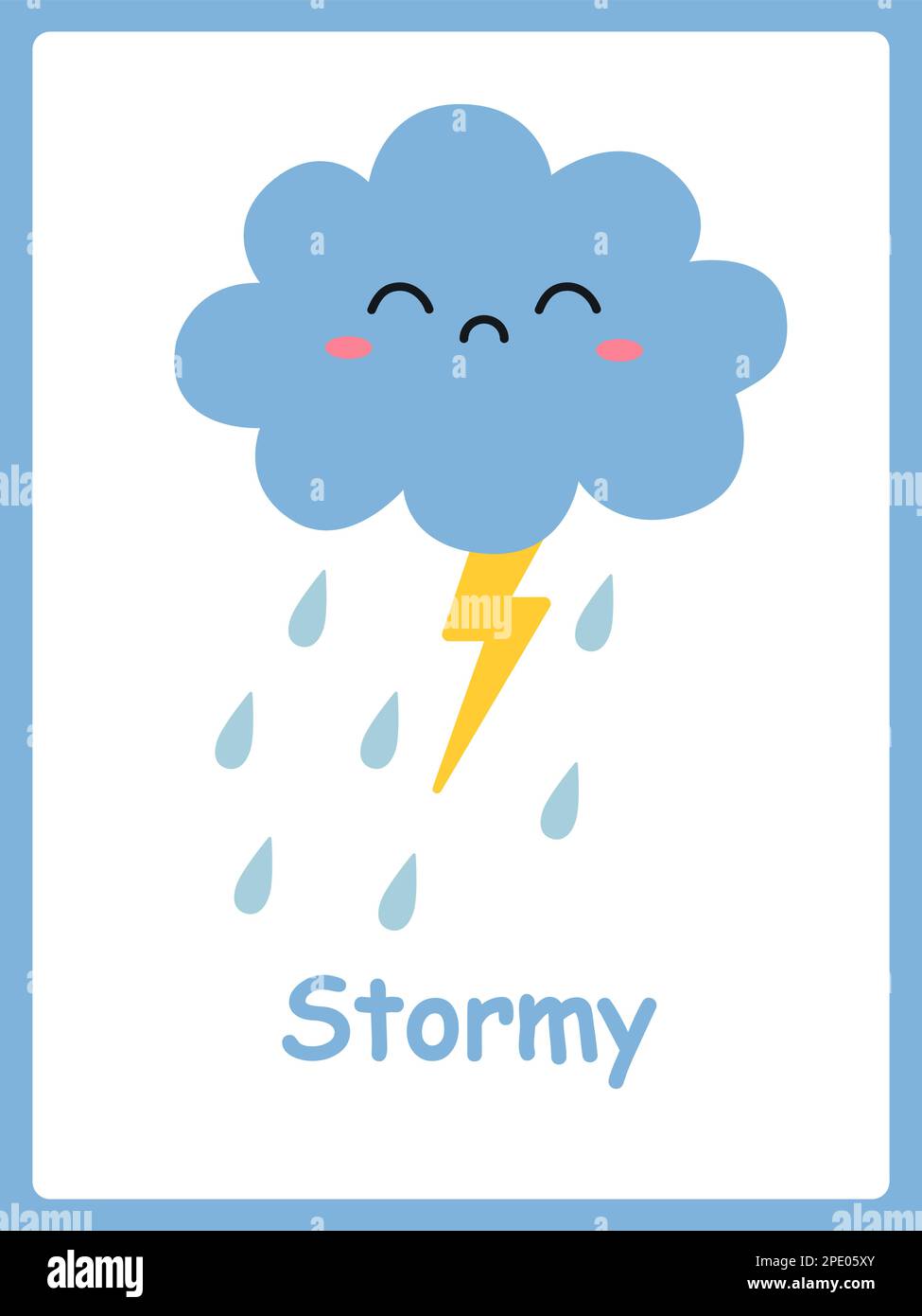 The card is stormy. Cute cartoon clouds and lightning. Childrens cards ...