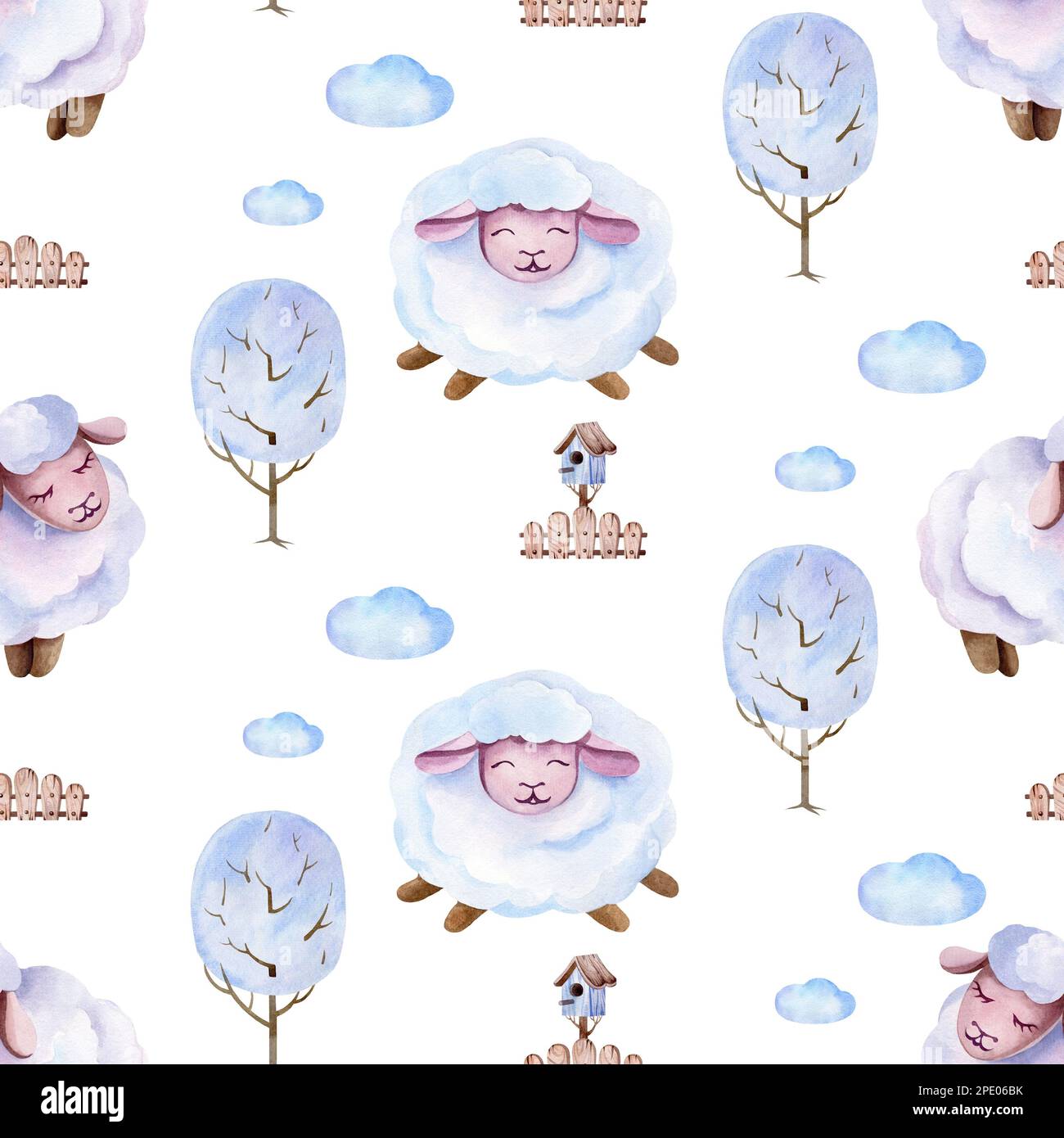 Seamless pattern pets cute lambs in a hot air balloon. Watercolor ...
