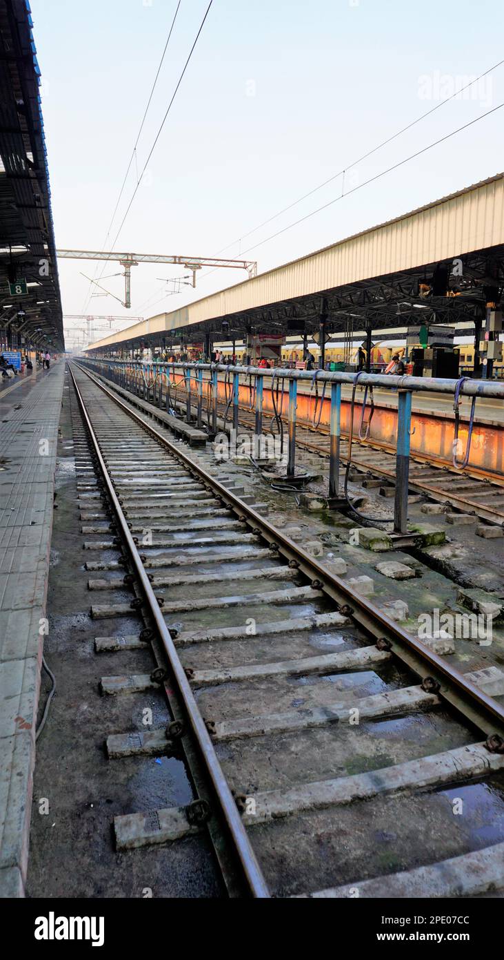 Chennai,Tamilnadu,India-December 29 2022: View of railway track in platforms of Chennai Central ...