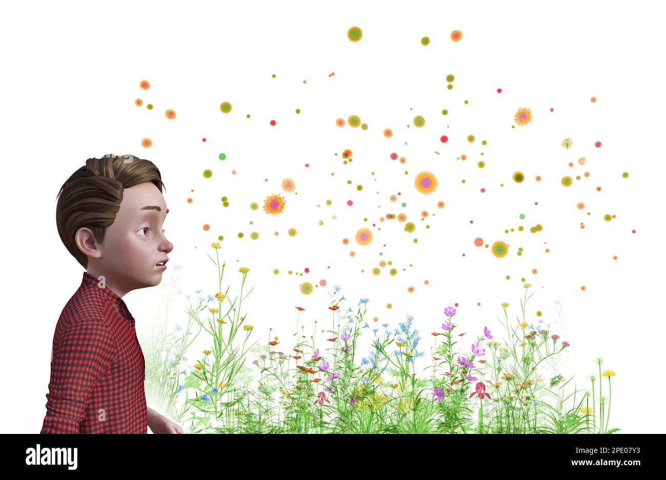 3d illustration of spring allergy. Young man strolling among plants ...