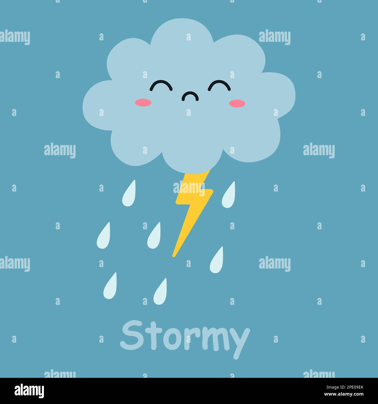 The card is stormy. Cute cartoon clouds and lightning. Childrens cards ...