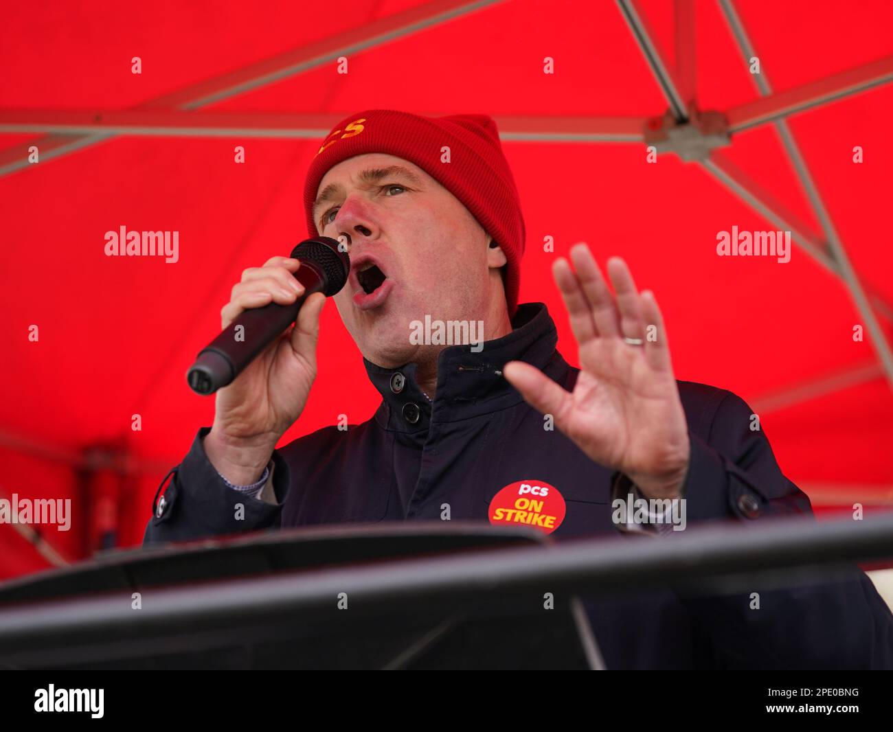 PCS general secretary, Mark Serwotka speaking outside Downing Street in ...