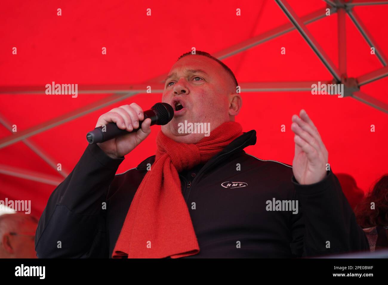Alex Gordon RMT President speaking outside Downing Street in London ...