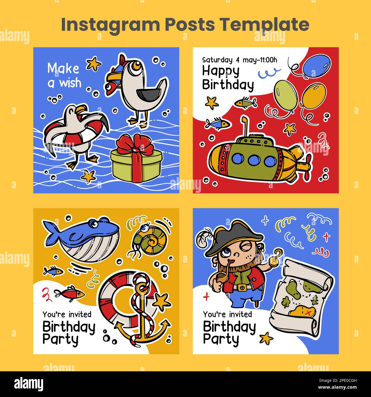 BIRTHDAY PIRATE POST Design Cards Social Media Templates Hand Drawn ...