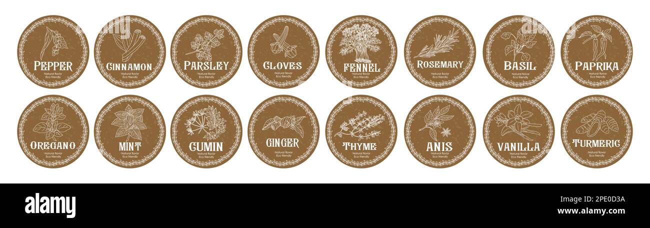 Spices food labels with herbs sketches vector set Stock Vector Image ...