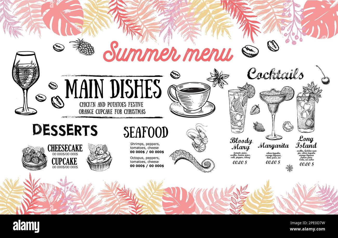 Summer menu, template design. Food flyer. Hand-drawn style. Vector ...
