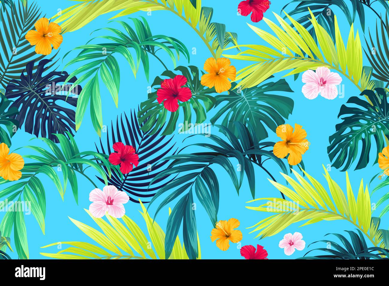 Tropical pattern with green palm leaves and hibiscus flowers. Summer ...